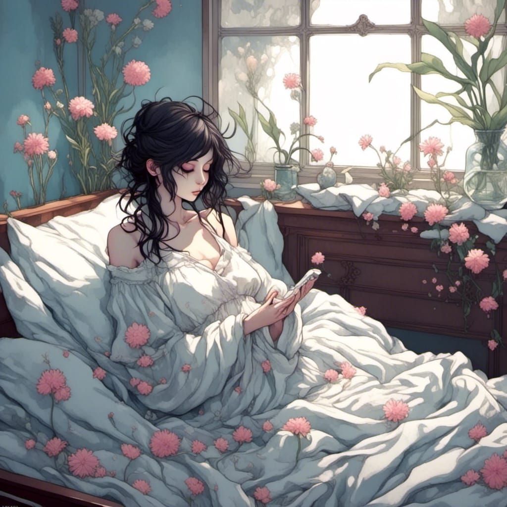 emo girl laying in bed "meditating" by artist "anime", Anime Key Visual ...