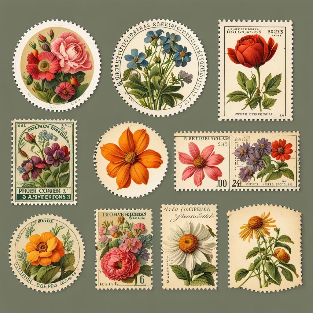 vintage postal stamp collection of flowers fine art illustration junk ...