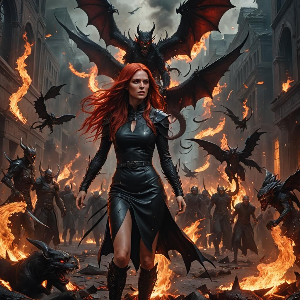 A beautiful girl as a demon with red long hair black leather straight ...