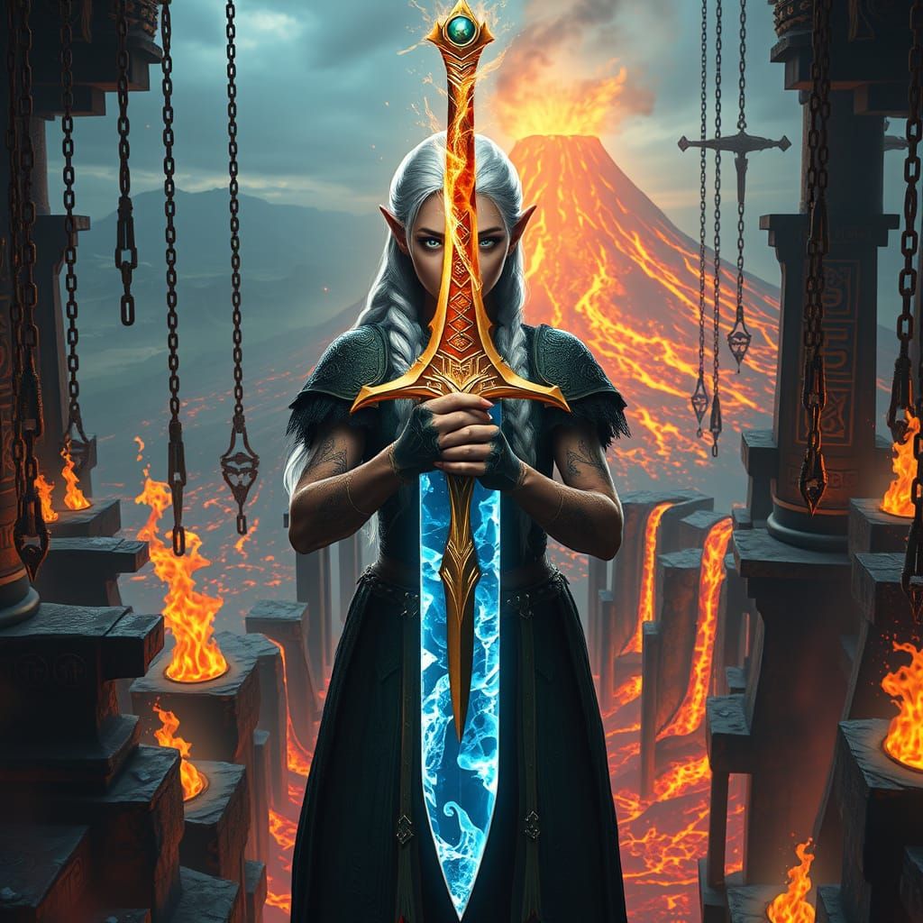 An elven blacksmith, her silver hair intricately braided, grips the ...