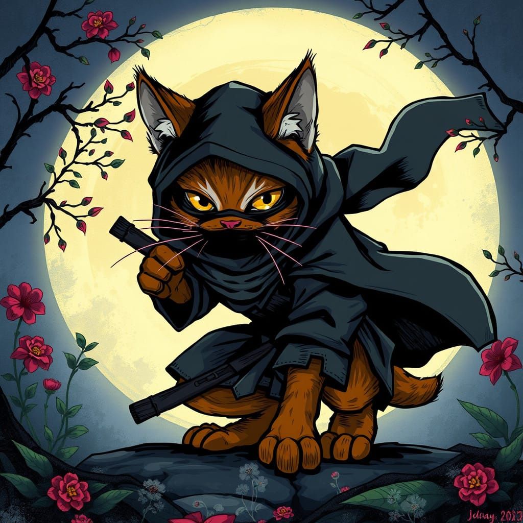 Ninja Cat - Ninja Feline in Stealthy Japanese Garden Pose