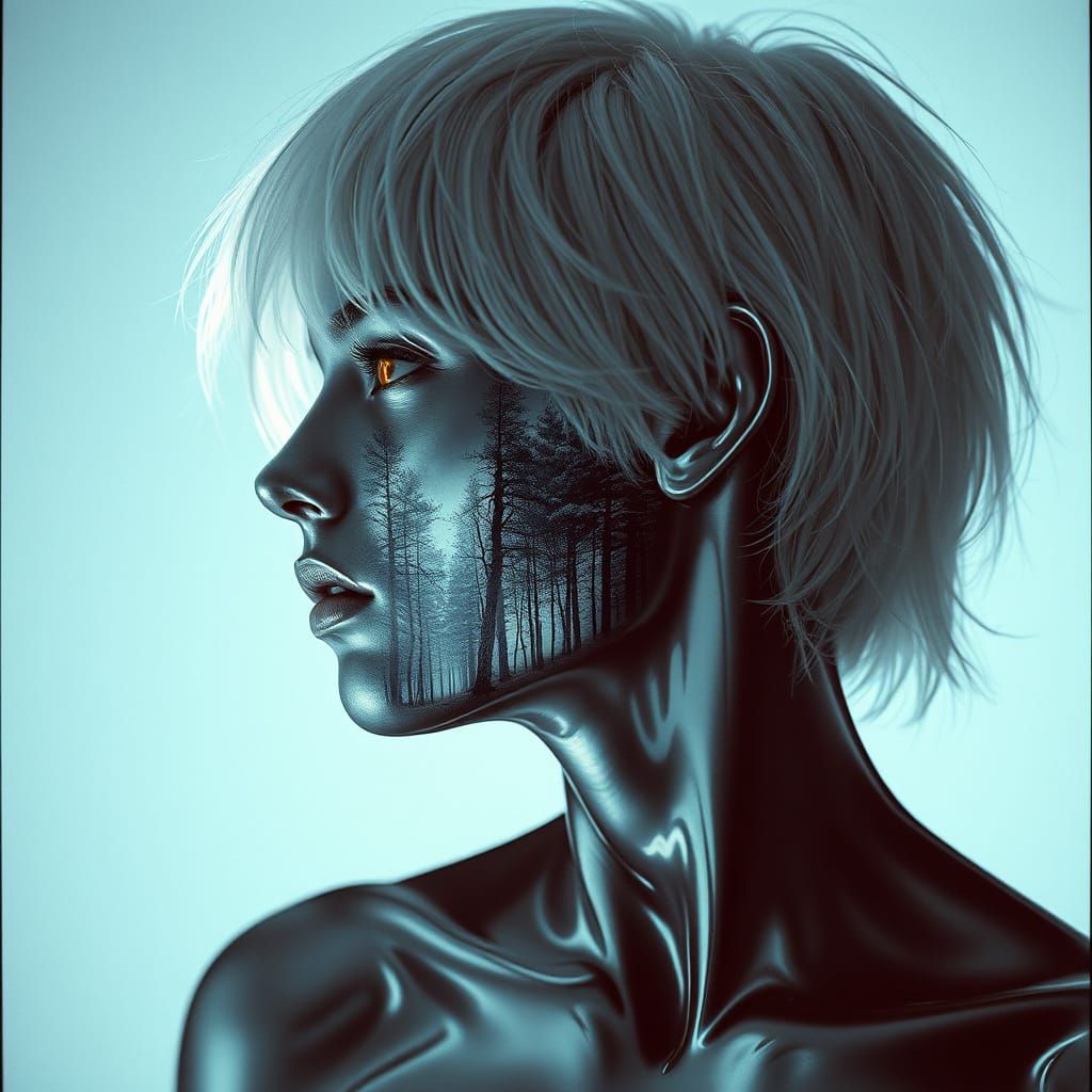 Surreal Metallic Portrait with Winter Forest, in C... - AI Art