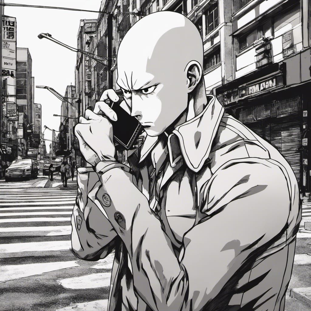 portrait of saitama from one punch man on the phone on a city street ...