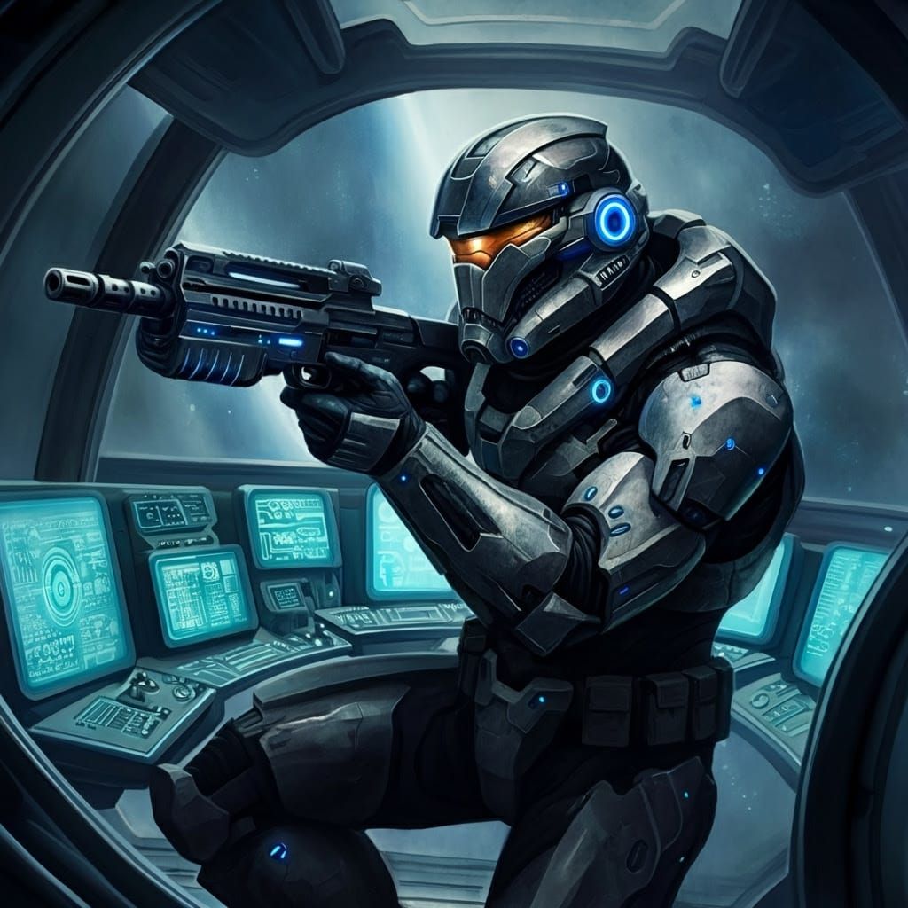 A futuristic commando, dressed in full body armour and carrying a laser ...