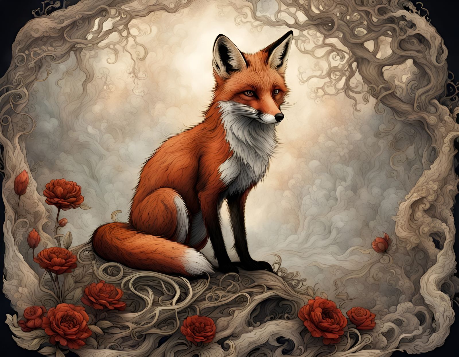 Arthur Rackham art style painting of a red fox sitting on a ghostly ...