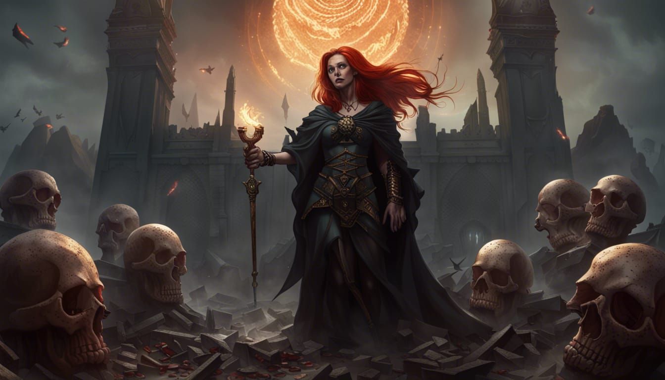 Desecrated Summoning: A low-angle view of an elegant female redhead necromancer, standing on a ...