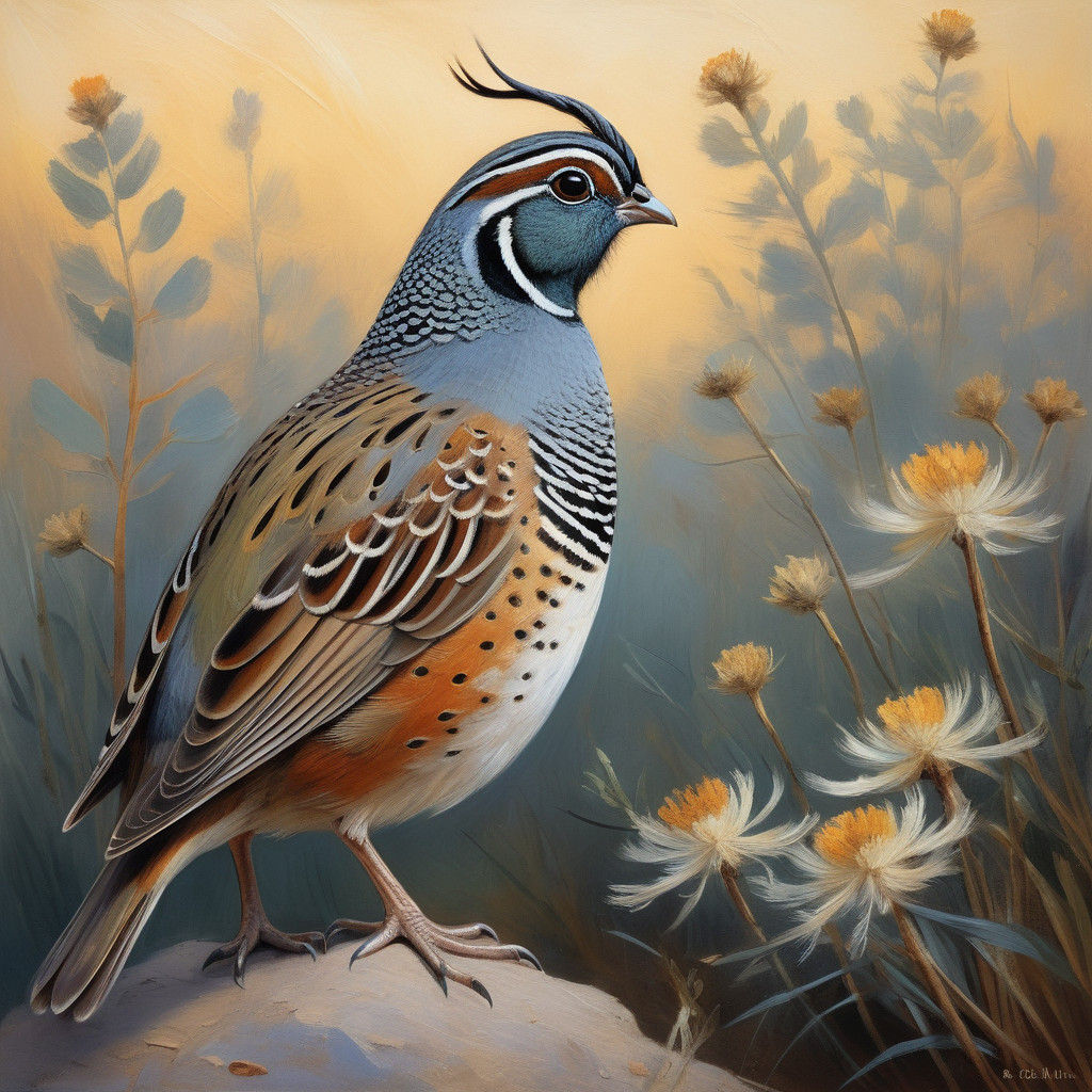 A highly detailed, realistic oil painting of a majestic adult Gambel's ...