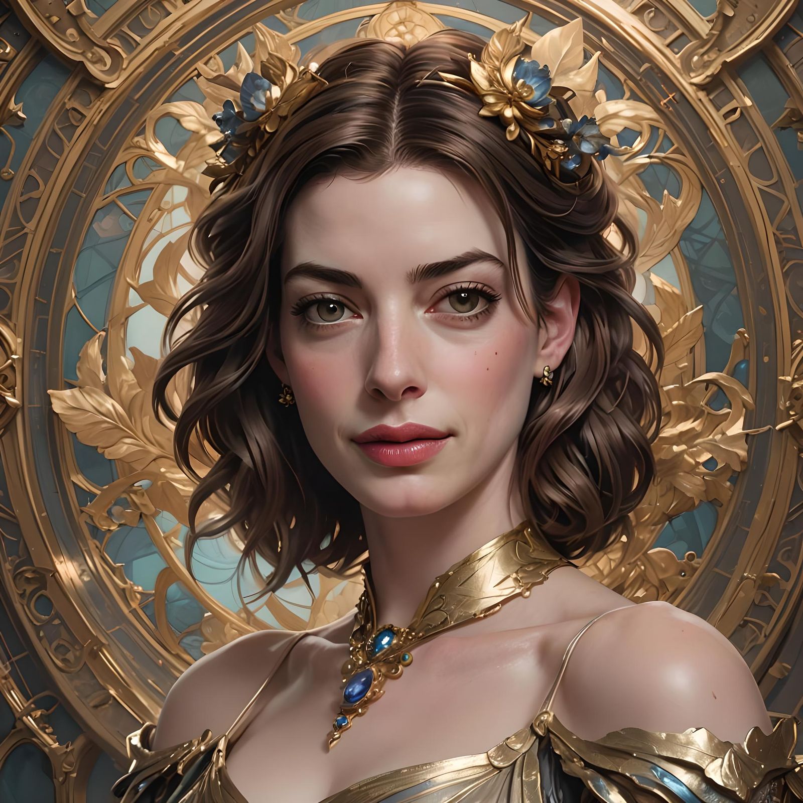 Anne Hathaway looking cute and glamorous head and shoulders portrait ...