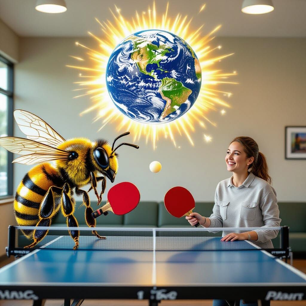 Giant Bee Plays Ping Pong with Earth Overhead - AI Art