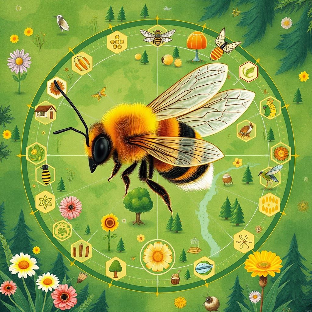 Whimsical Honey Bee Dances Among Circular Icons in... - AI Art