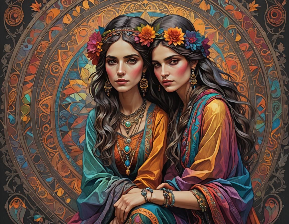 " poster art iridescent drawing of Bohemian woman, brightly coloured ...