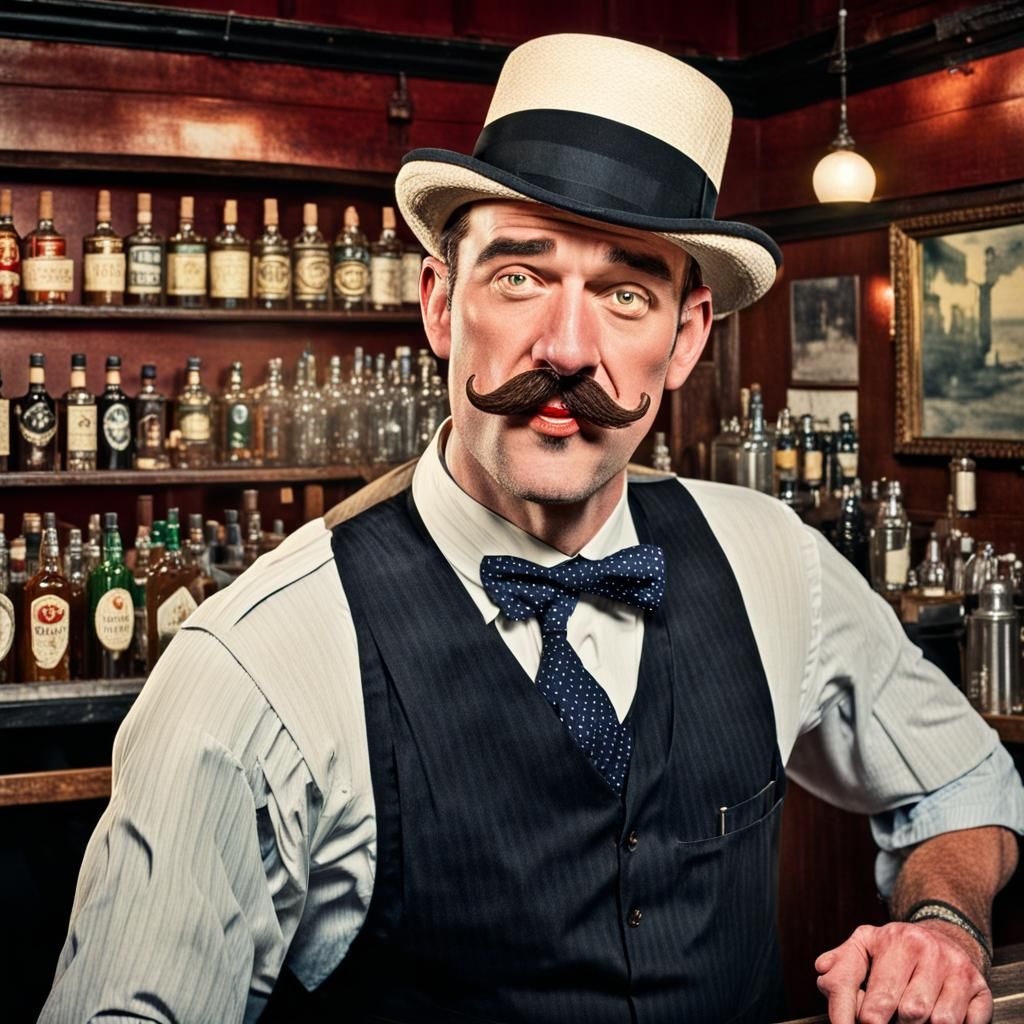 funny bartender with toothpick in his mouth bowler hat on his head in ...