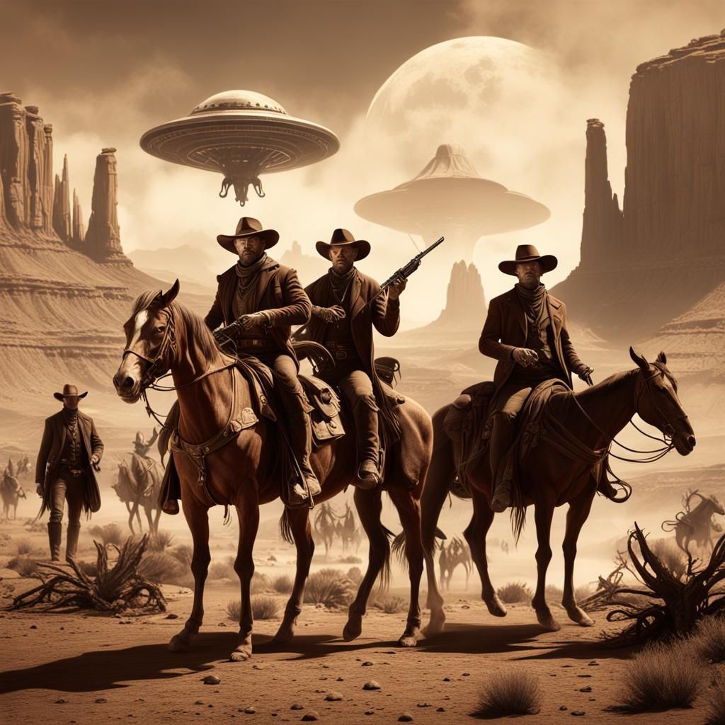 An old sepia style photograph of cowboys in the old west posing with ...