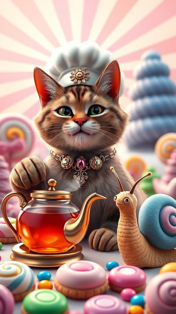 Whimsical Cat Serves Tea in a Jewel-Toned Paradise - AI Art