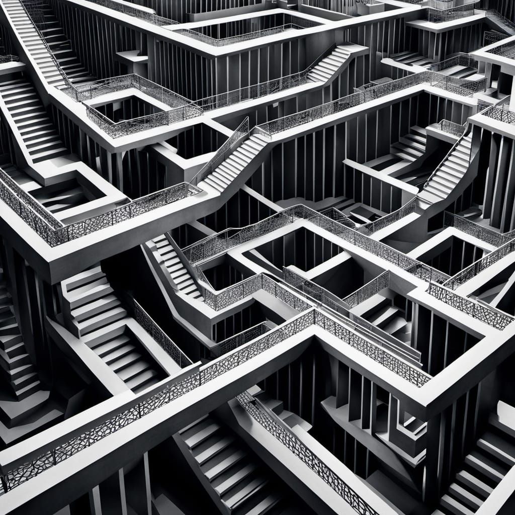 Escher-inspired Surrealist architectural illustration of a mind-bending ...