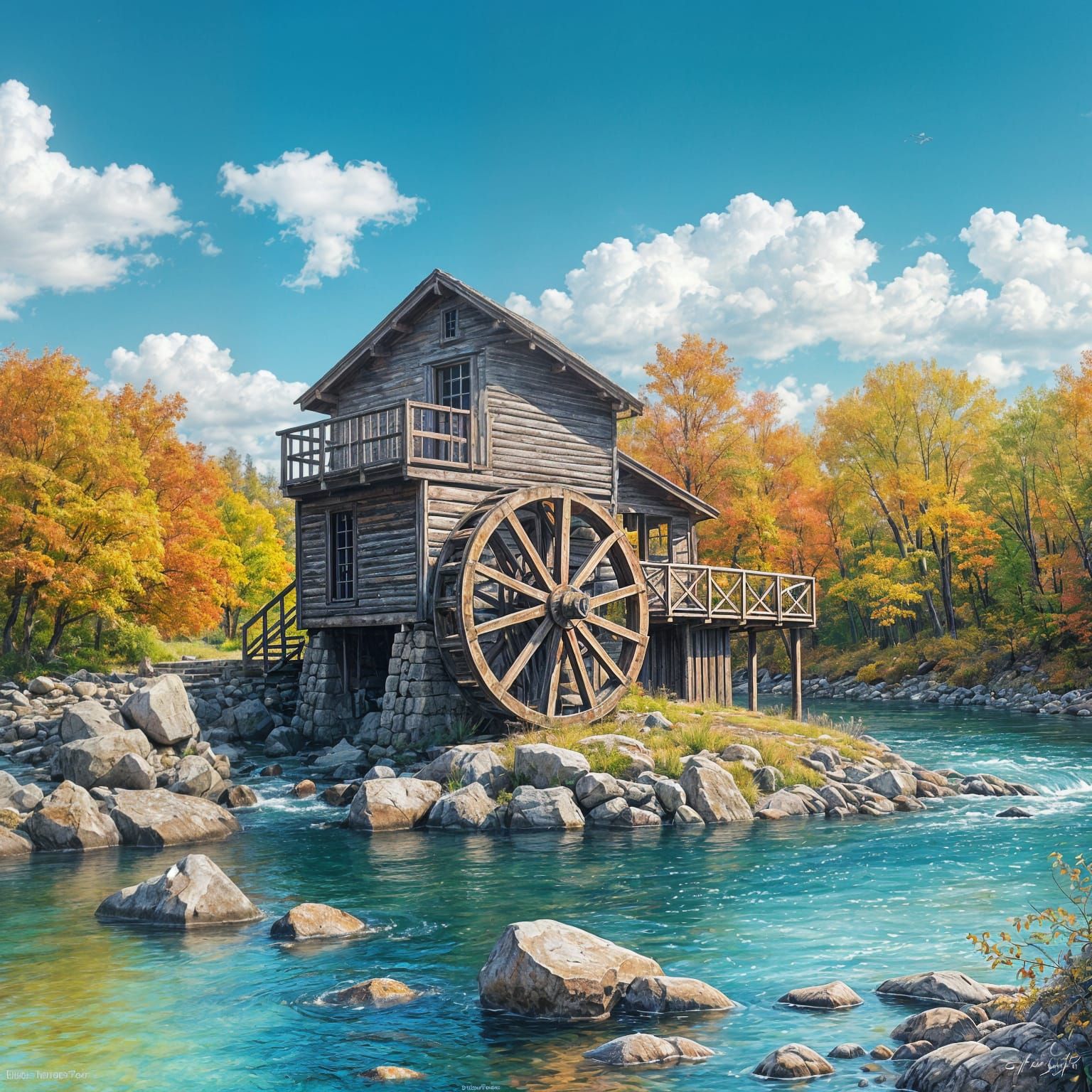 A peaceful home... - Autumn Water Mill Painting in Peaceful ...