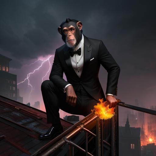 chimpanzee in tuxedo climbing fire escape in thunderstorm detailed ...