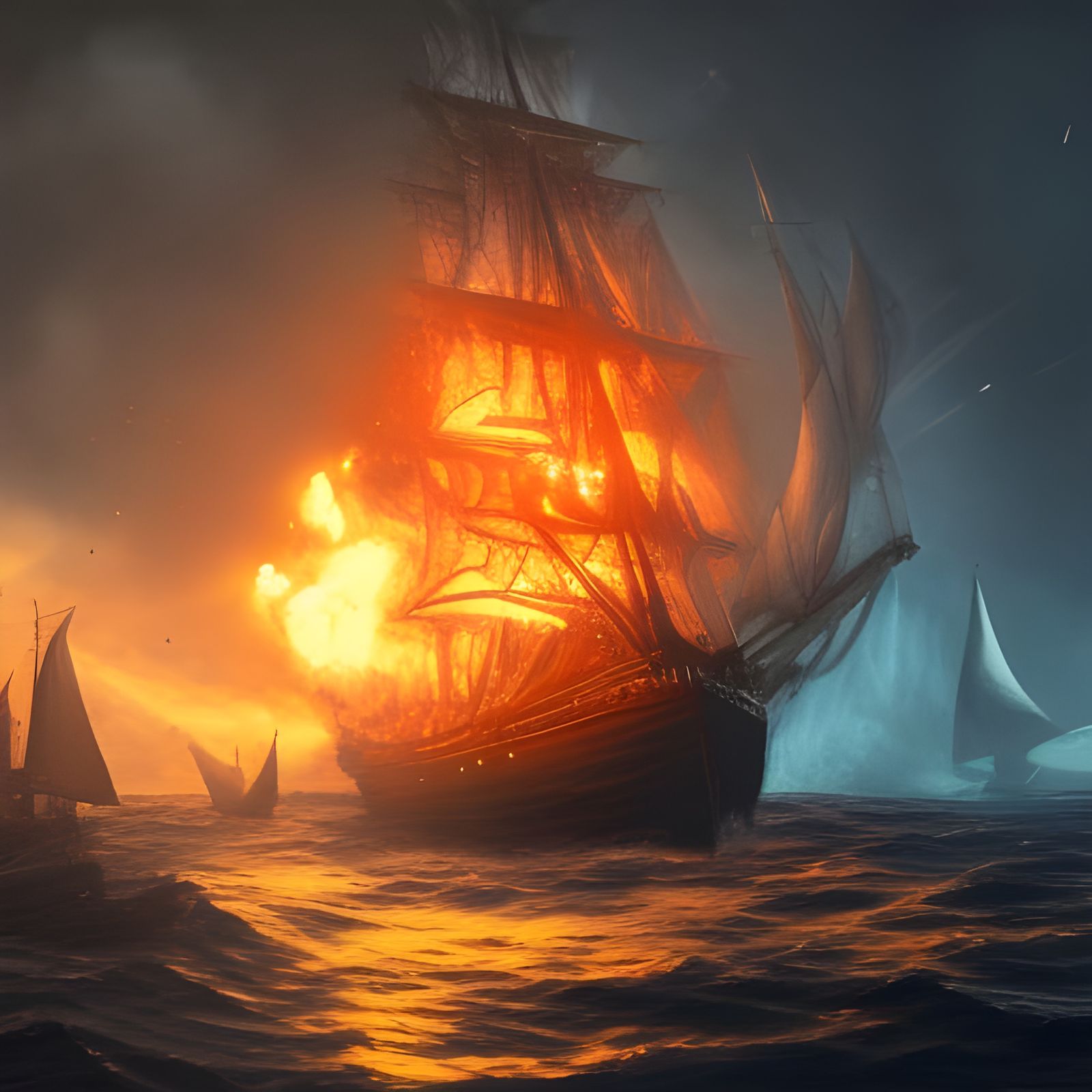 Sailing ship blowing up at night massive explosion - AI Generated ...