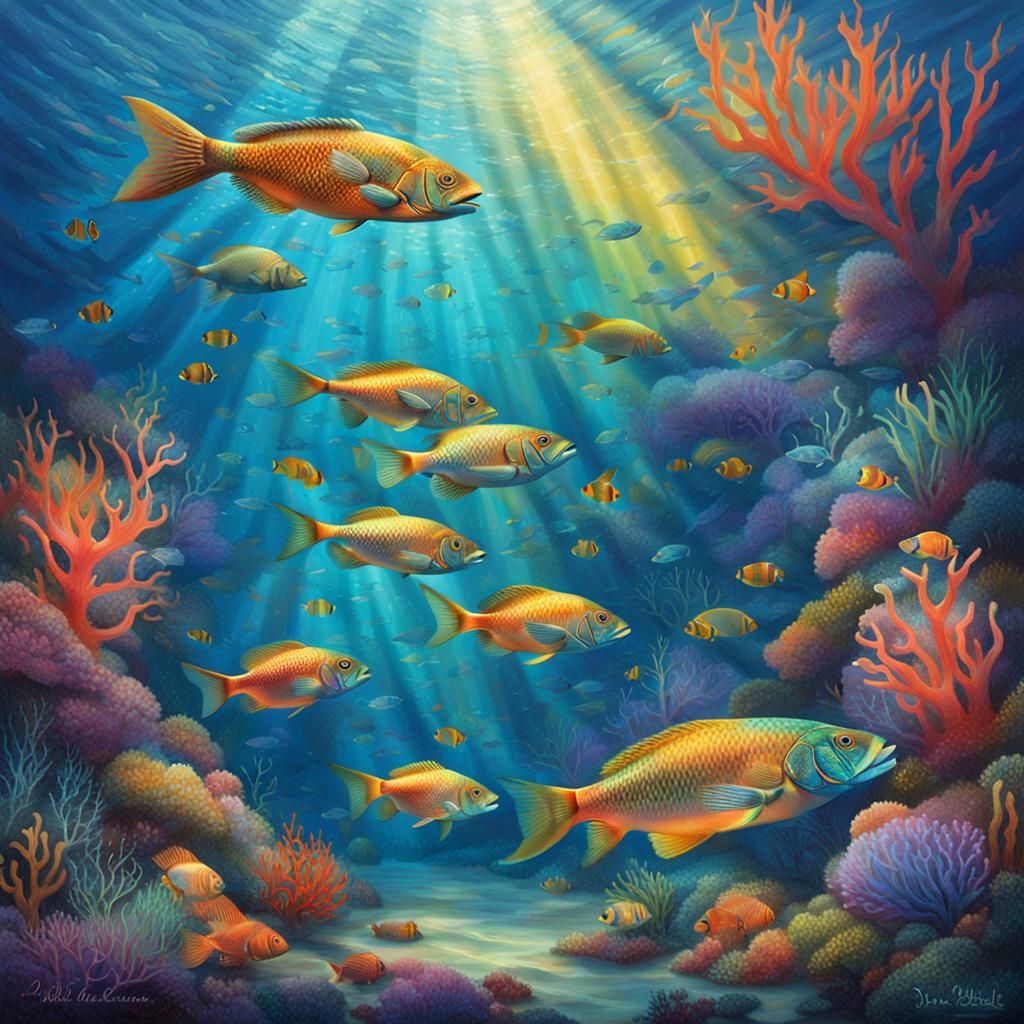 Underwater Iridescence: "An underwater scene where the scales of fish ...