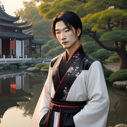 Portrait of a half-European-Asian man, black modern Hanfu costume ...