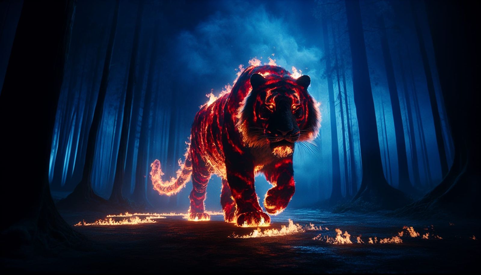 Forest Of Flames - Majestic Flame Tiger Emerges from Dark Fo...