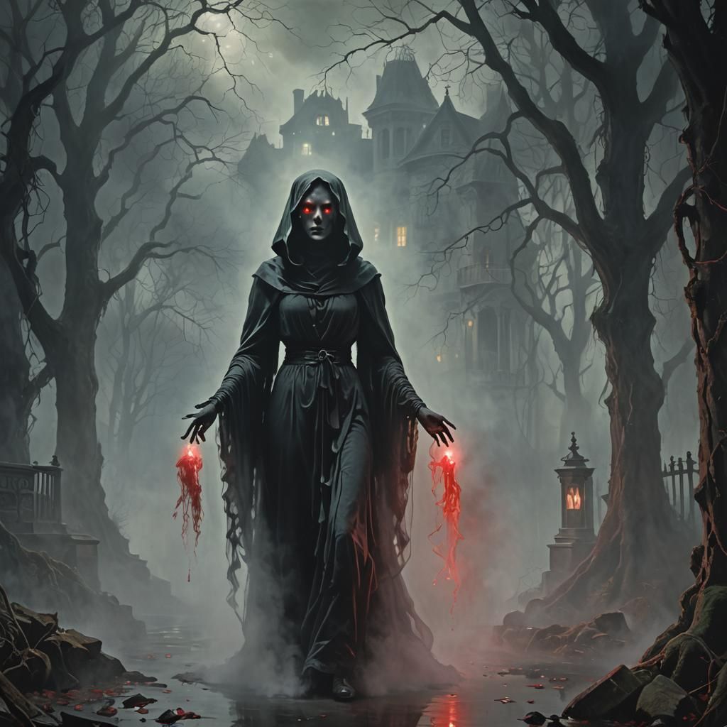 female wraith with red glowing eyes made of mist floating through a ...
