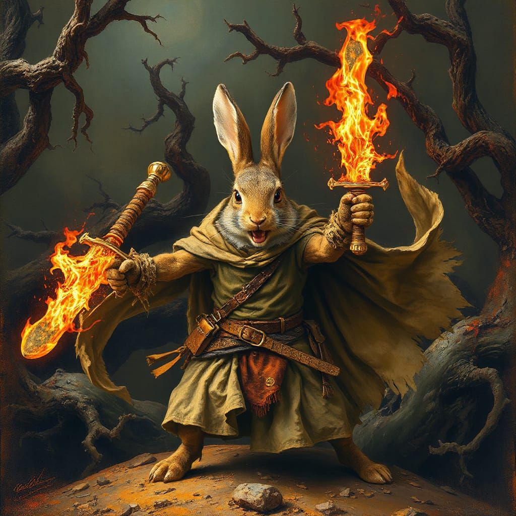 Furious Rabbit Warrior with Elemental Swords in Fa... - AI Art