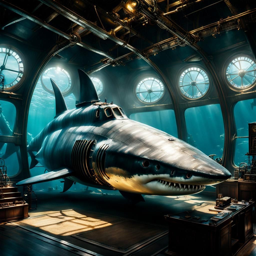 giant steampunk mechanical metal shark submarine - AI Generated Artwork ...