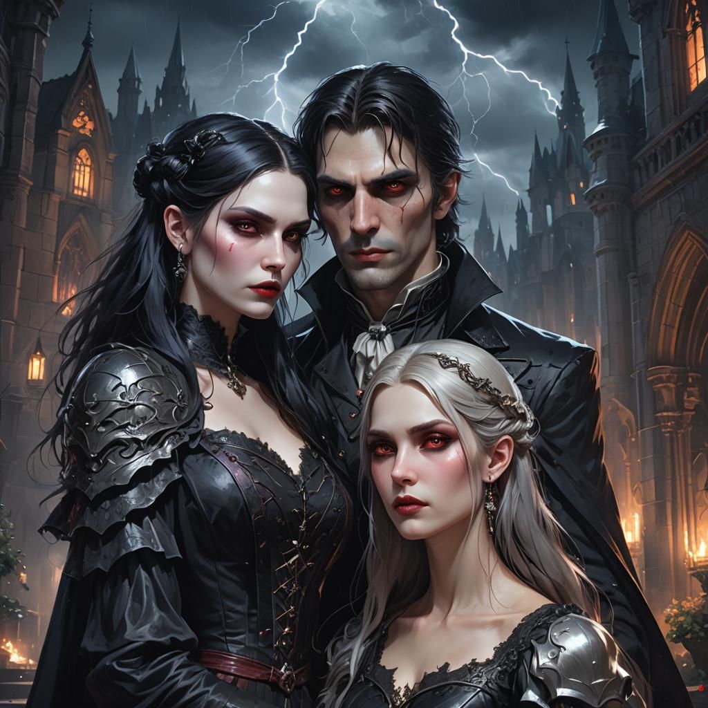 beautiful goth vampire couple, dark castle, nighttime, thunderstorm ...