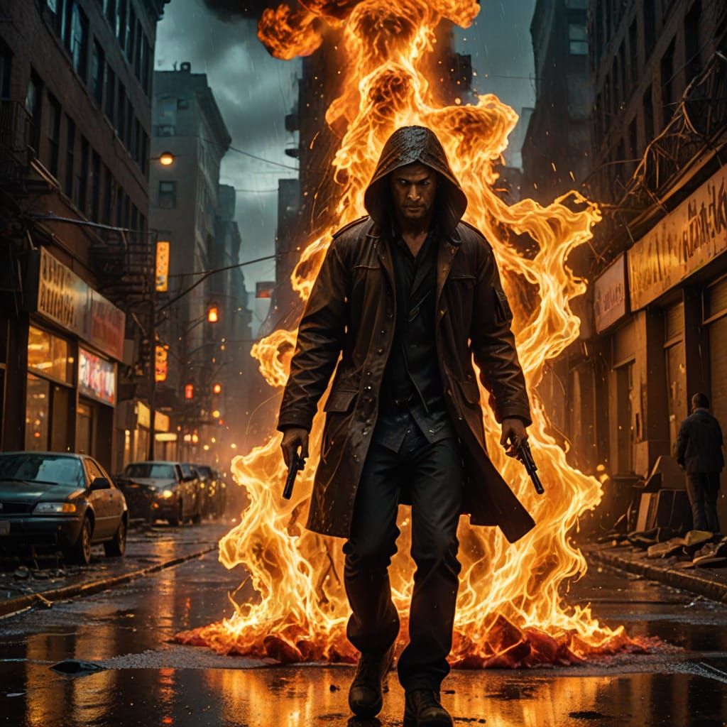 Epic Cinematic Scene: Raining Fire Amidst a Blazin... - AI Art