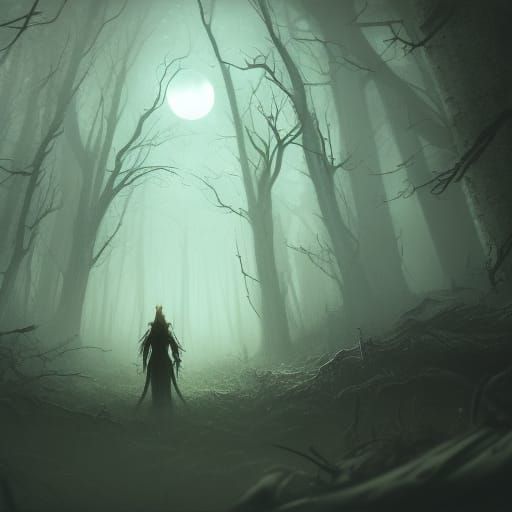 Spooky forest, lunar eclipse, night, blood moon, bioluminescence ...