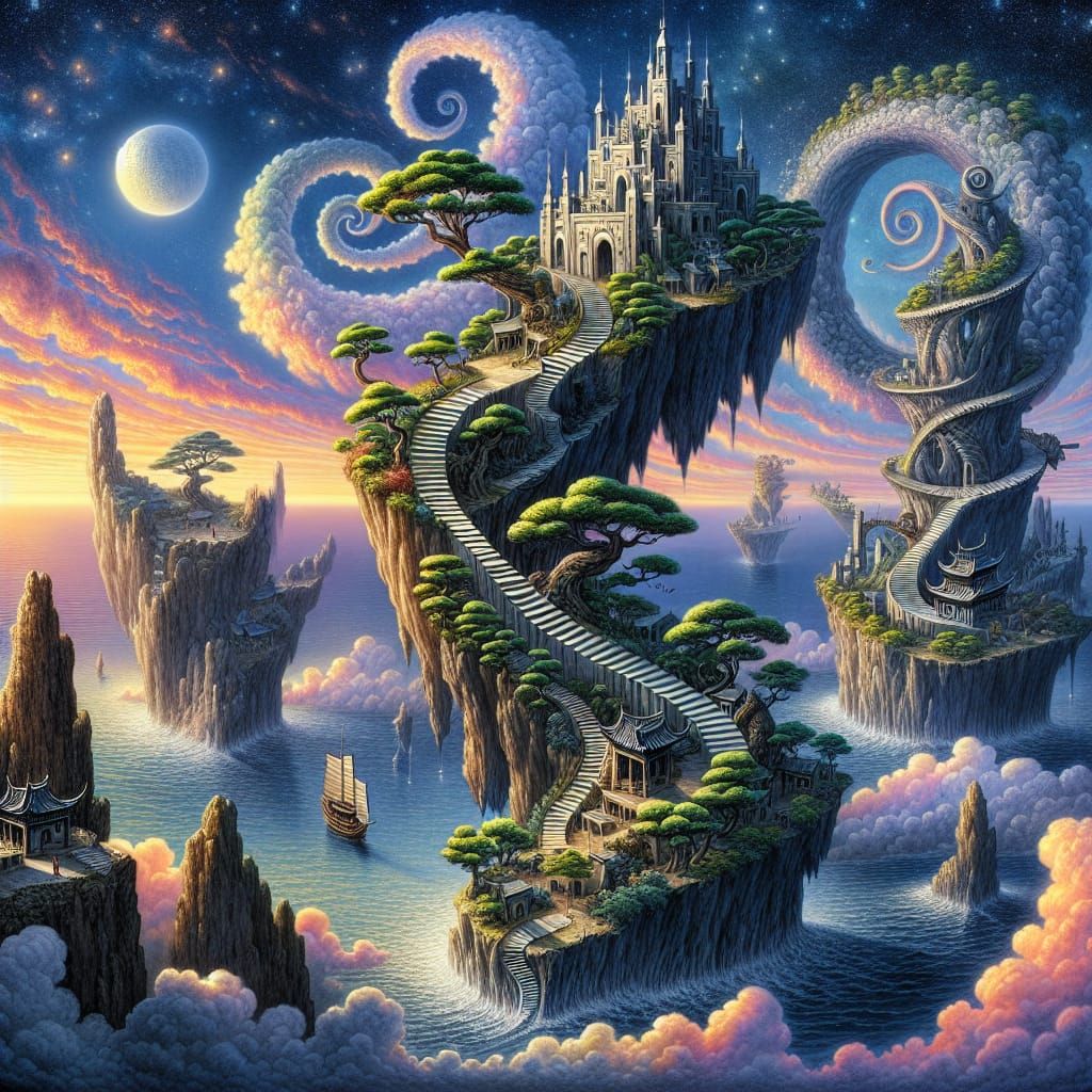 A surreal castle built by MC Escher is on a huge infinity symbol island ...