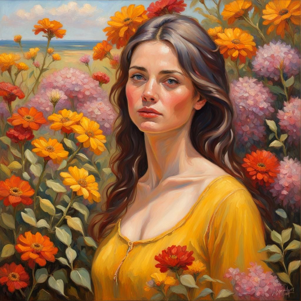 Naturally beautiful lady among hundreds of richly colored flowers. - AI ...