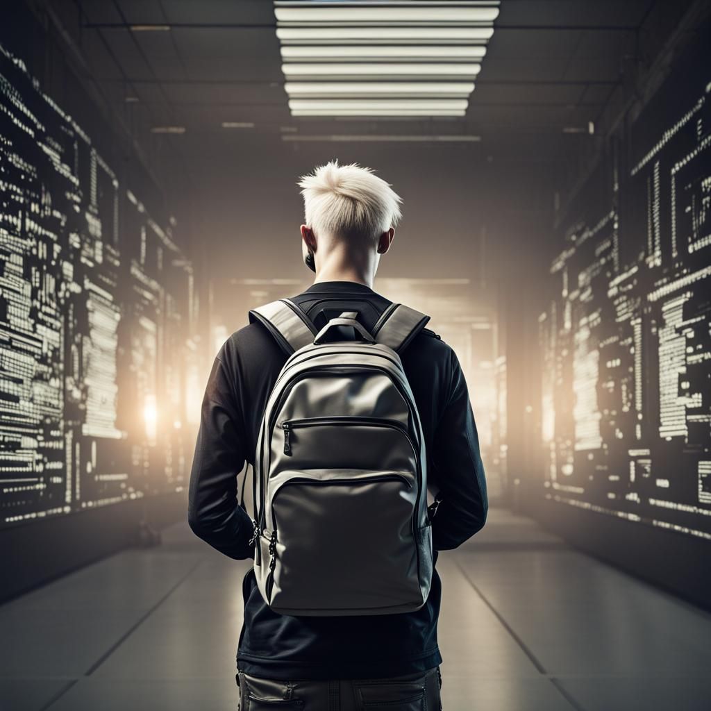 hacker with short bleached hair with a hacker long sleeved shirt and ...