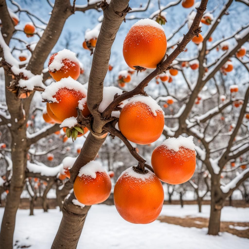 A bare persimmon tree with fruits under the snow sunny - AI Generated ...