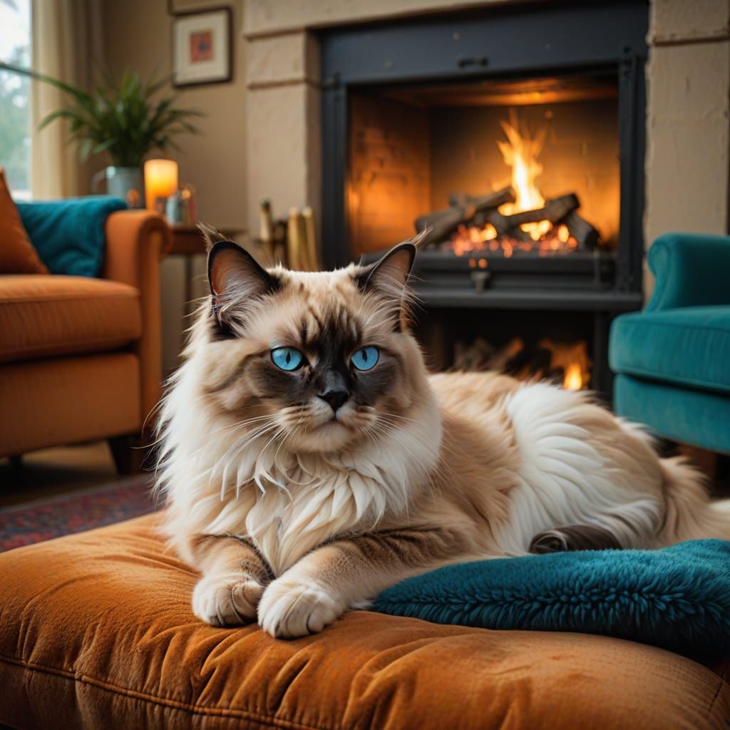 a cat - english ragdoll - sleeping beside an open fireplace in a cozy ...