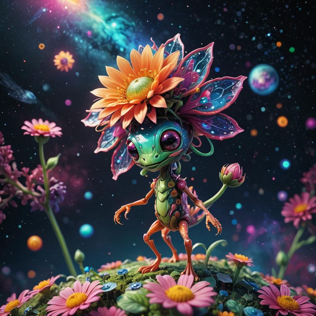 Surreal Flora Alien Soars Through Cosmic Bloom - AI Art