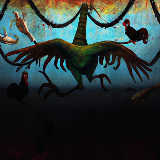 sinister evil surreal turkey-like cryptid with its wings splayed wide ...