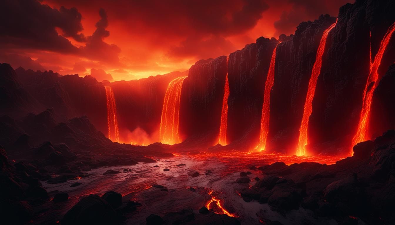 Epic Cinematic landscape, glowing crimson waterfall of lava crashing ...