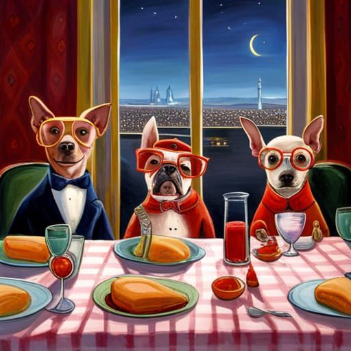 frenchy dogs at the dinner table - AI Generated Artwork - NightCafe Creator