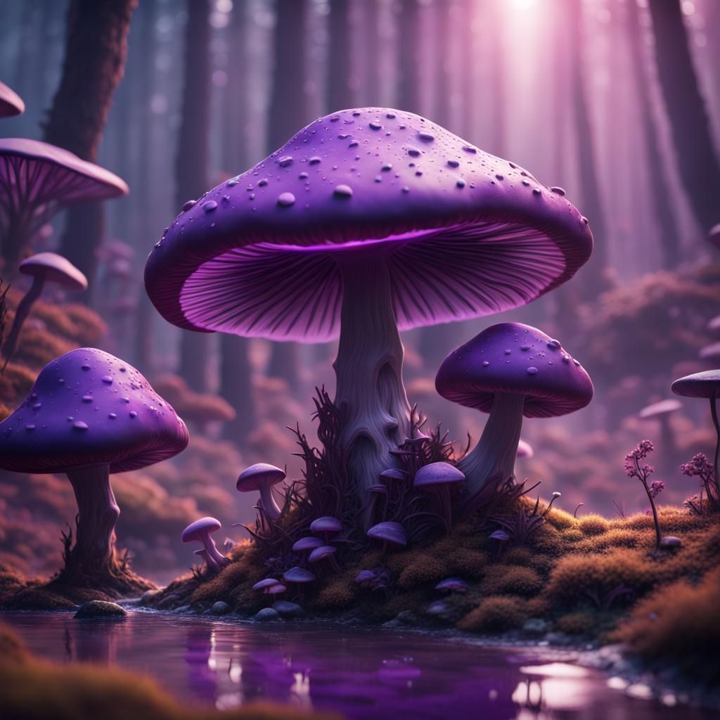 alien mushroom and toadstool growing in a sea of purple mush - AI ...