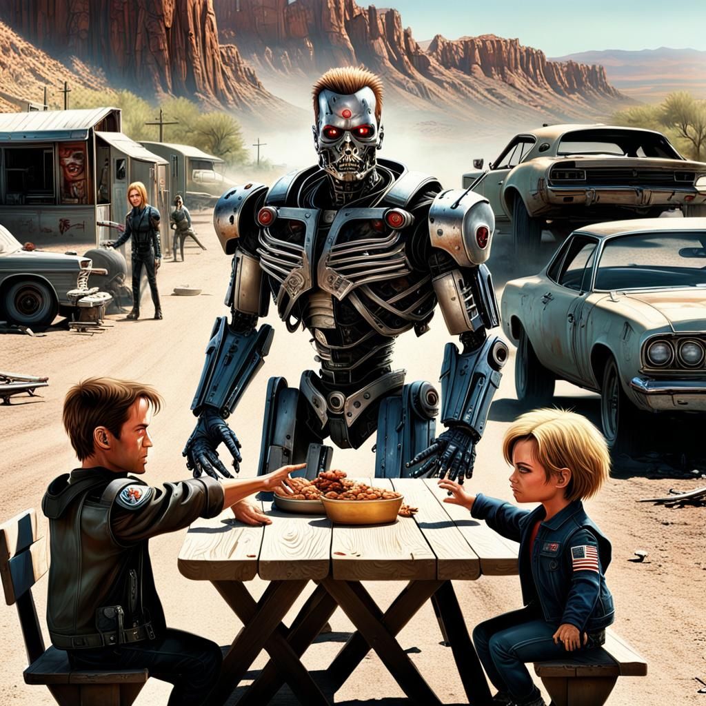 facing the viewer, Young John Connor teaching the Terminator mixed with ...