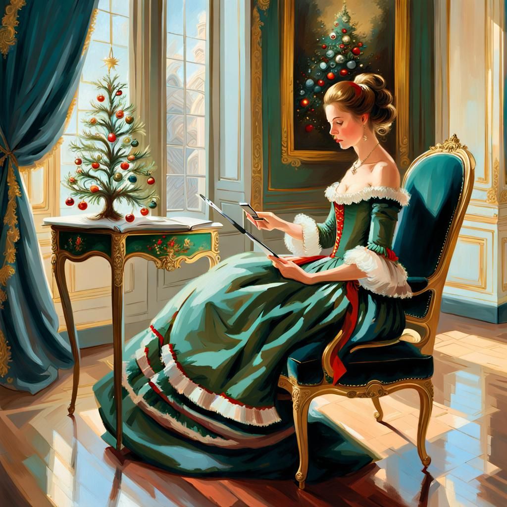 Painting of woman in Christmas style Rococo dress checking digital ...