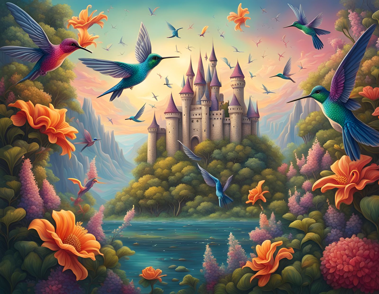 Whimsical landscape with humming birds and a castle in the center. - AI ...