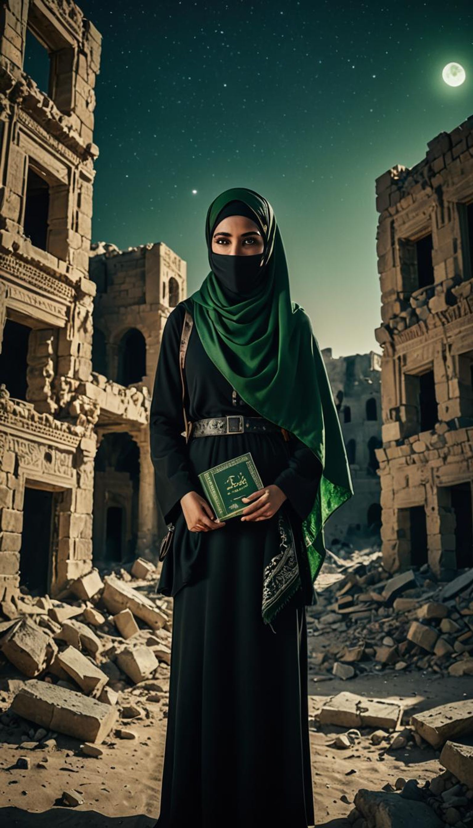 Young Palestinian girl wearing black hijab and green bandana. Dresses ...