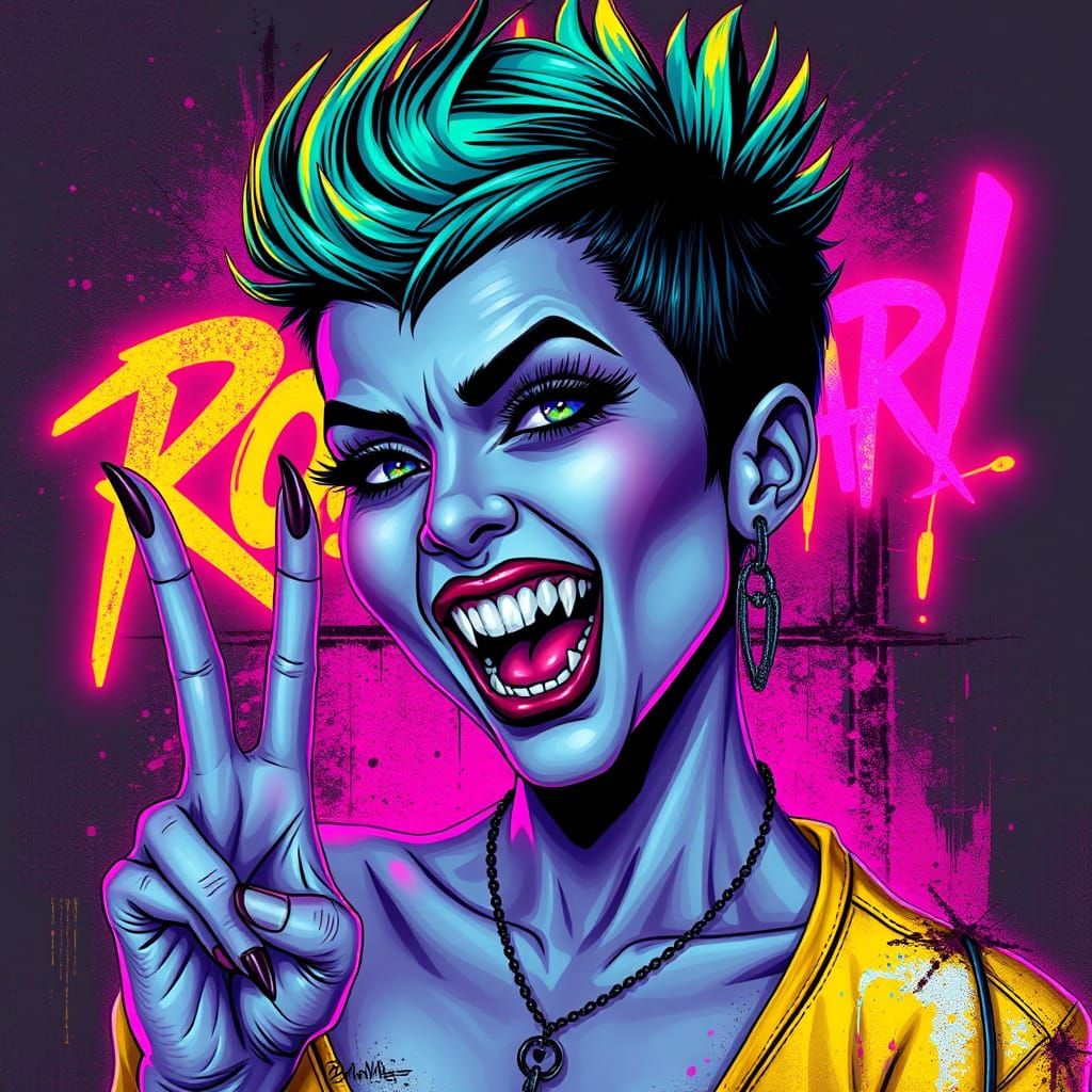 A gorgeous female vampire, sharp fangs,