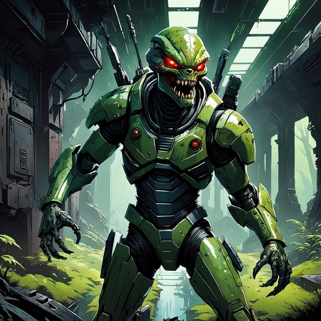 Menacing Alien Monster Battles Human Warrior in In... - AI Art