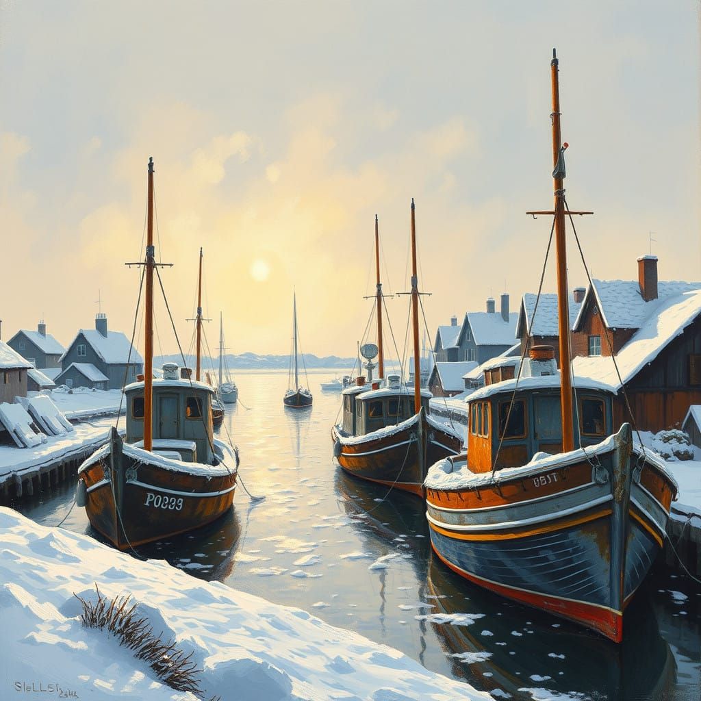 A fishing port in the snow with old trawlers