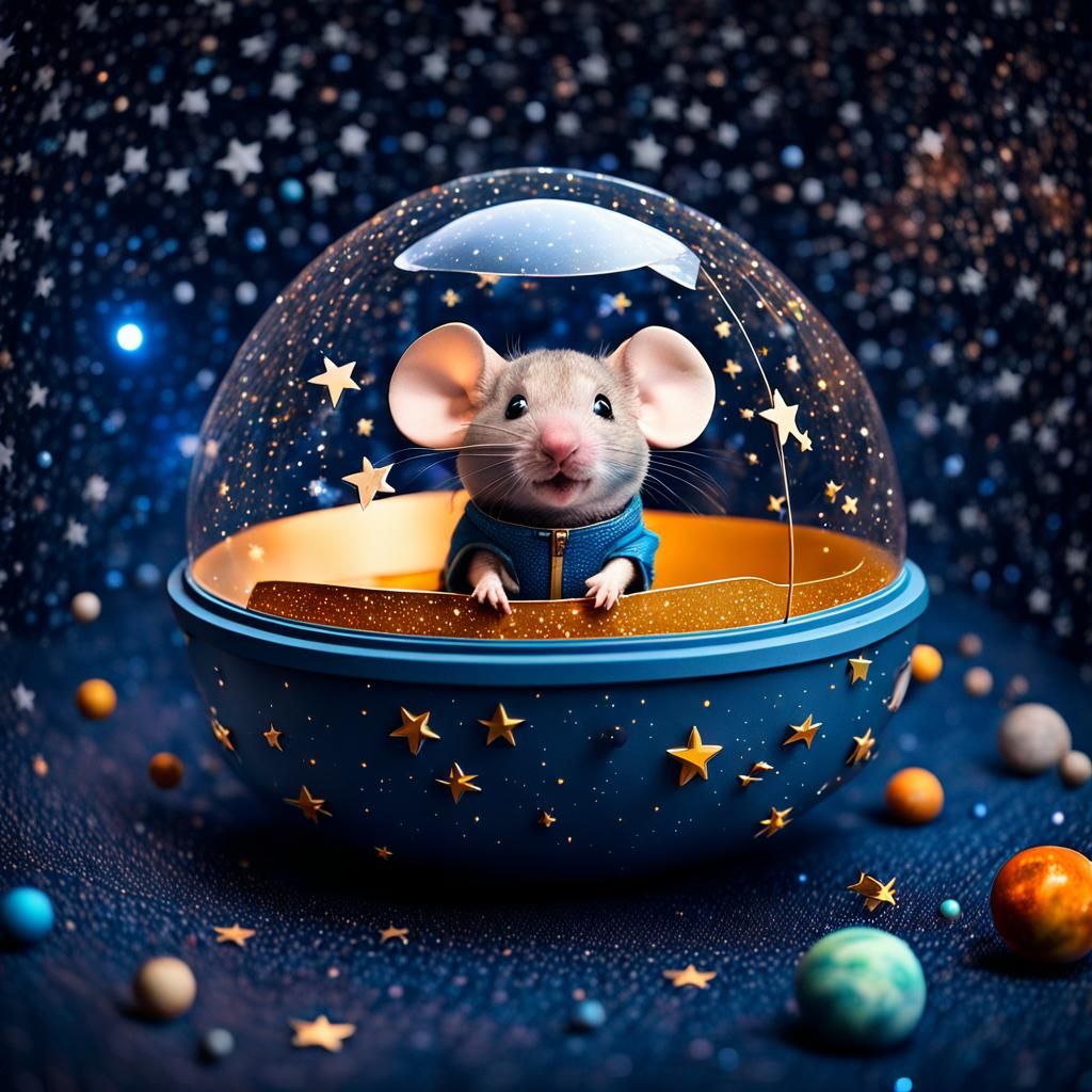 Photograph, chibi mouse in the mini small spaceship flying thru ...
