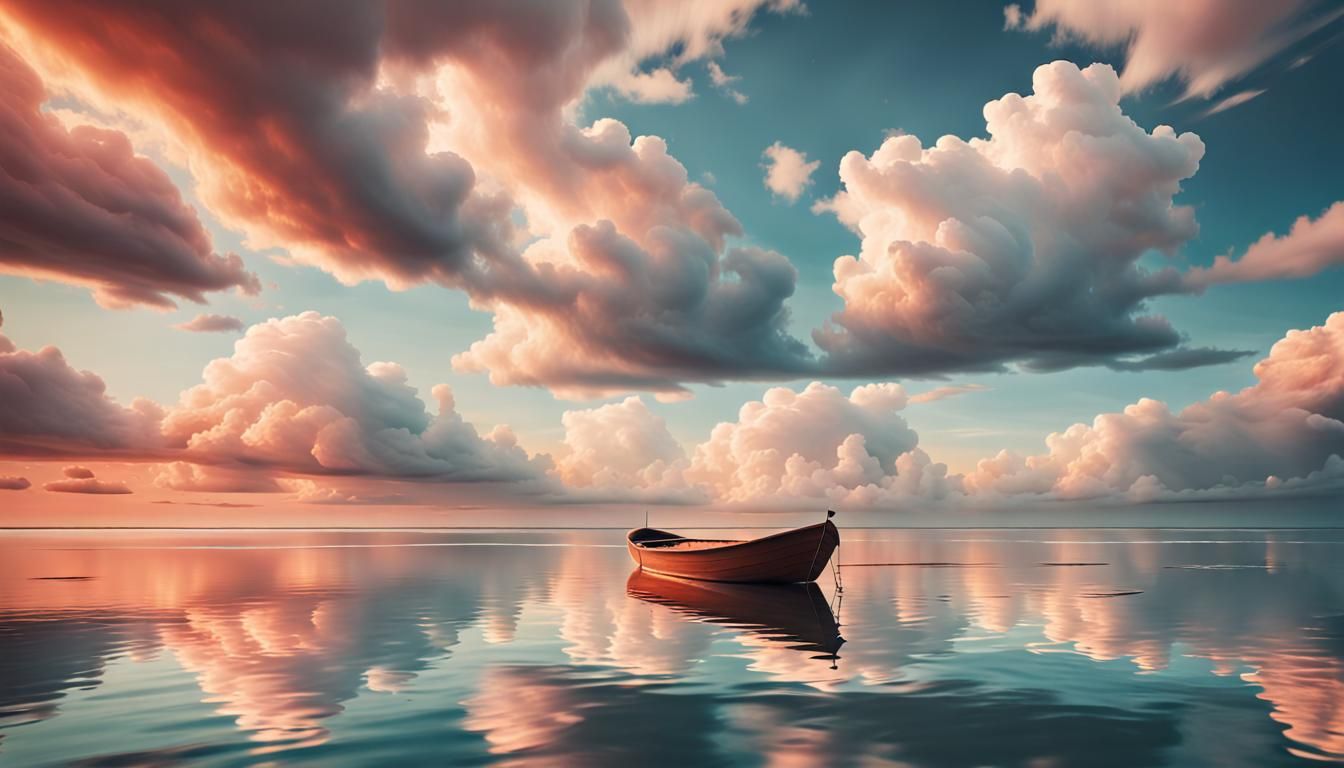 Magical calm sea and clouds, with a single boat standing in the ...
